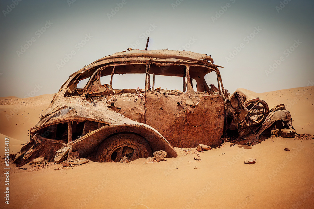 old classic wreck of retro car left rusty abandoned in the sahara ...