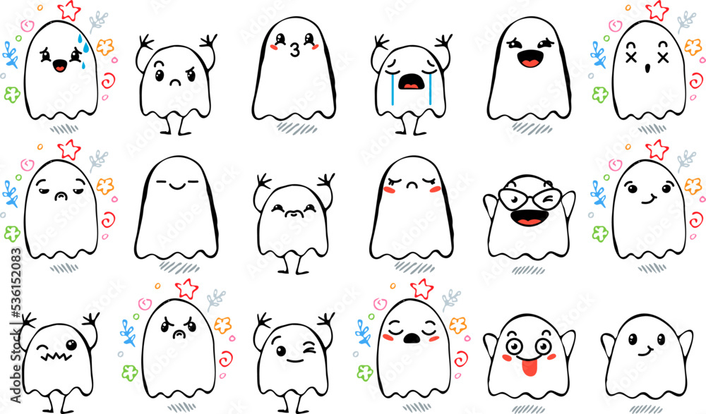 Set of Various Cartoon Ghosts with Emoticons. Doodle ghouls, eyes and ...
