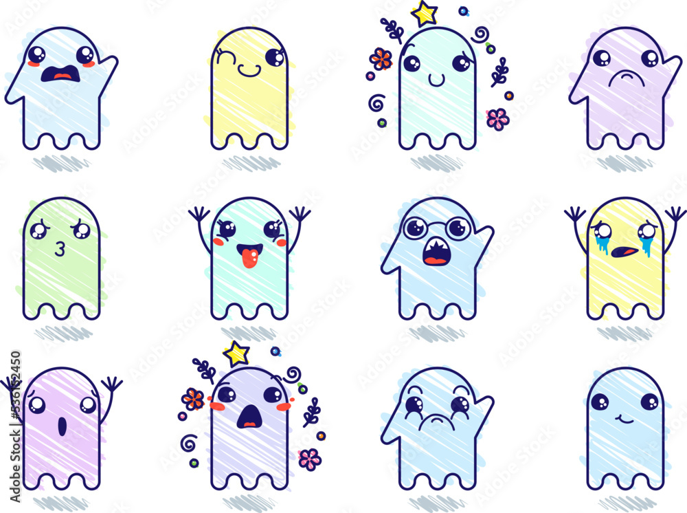 Set of Various Cartoon Ghosts with Emoticons. Doodle ghouls, eyes and ...