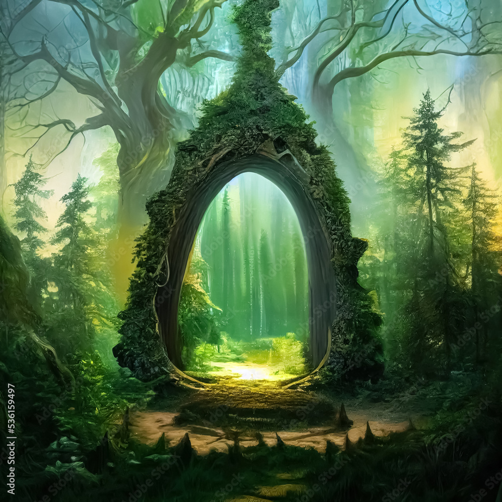 Magic teleport portal in mystic fairy tale forest. Gate to parallel ...
