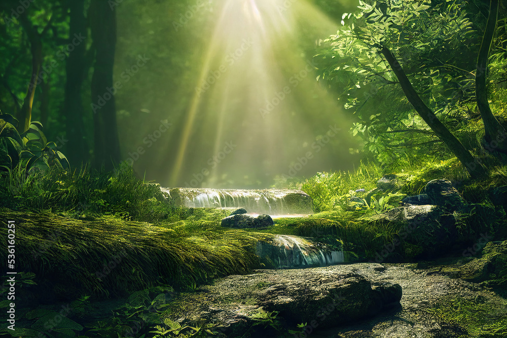 beautiful forest scene, waterfall in the woods, sun beams shine through ...