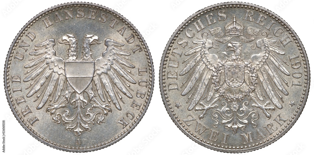 Germany German City of Lübeck silver coin 2 two mark 1904, two-headed ...