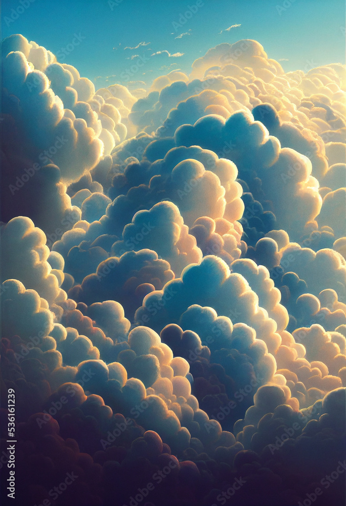 Abstract retro-styled illustration of fluffy clouds made by artificial ...
