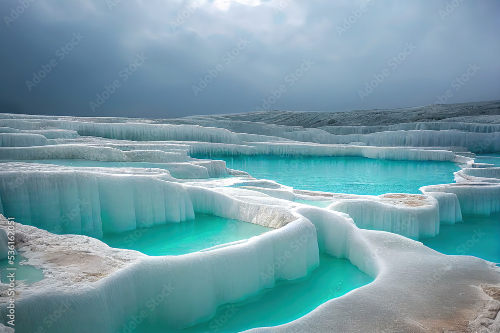 3D digital illustration of thermal mineral hot springs of natural ...