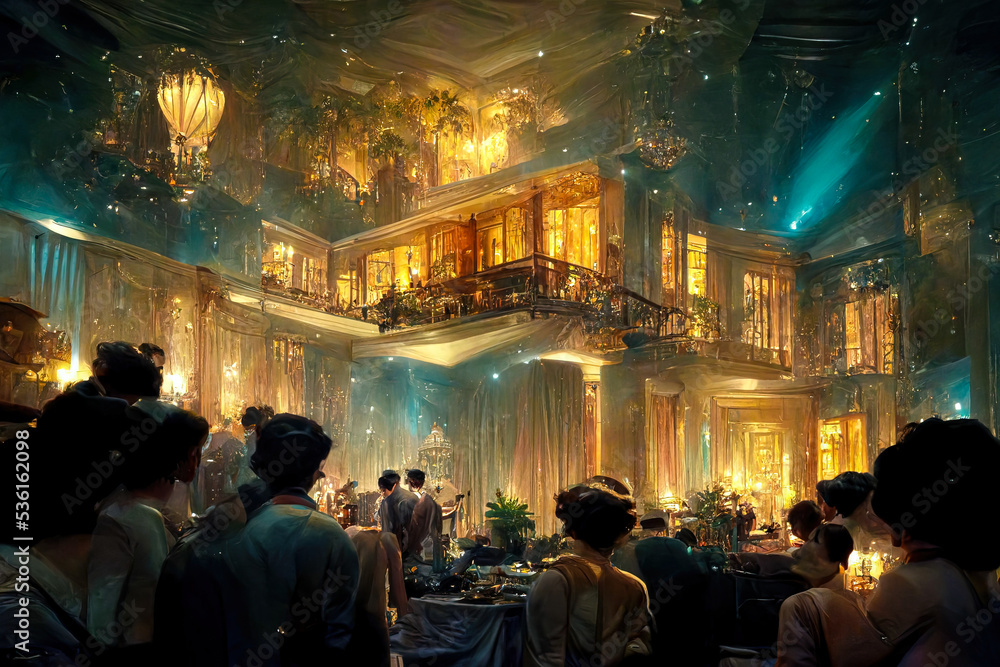 Digital concept art of a luxurious party in the 1920s. Art deco ...