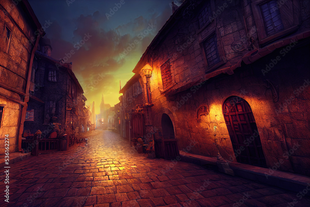 Digital concept art of a medieval town at night. Cartoon style drawing ...