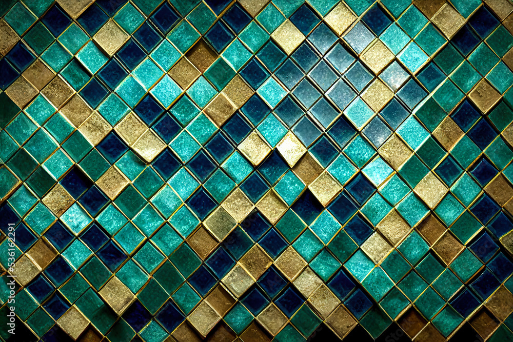 Textured rectangular tiles in teal and gold. Bathroom tile wall with ...