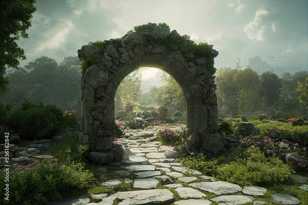 stone portal in the middle of the garden of Eden, lush green foliage ...