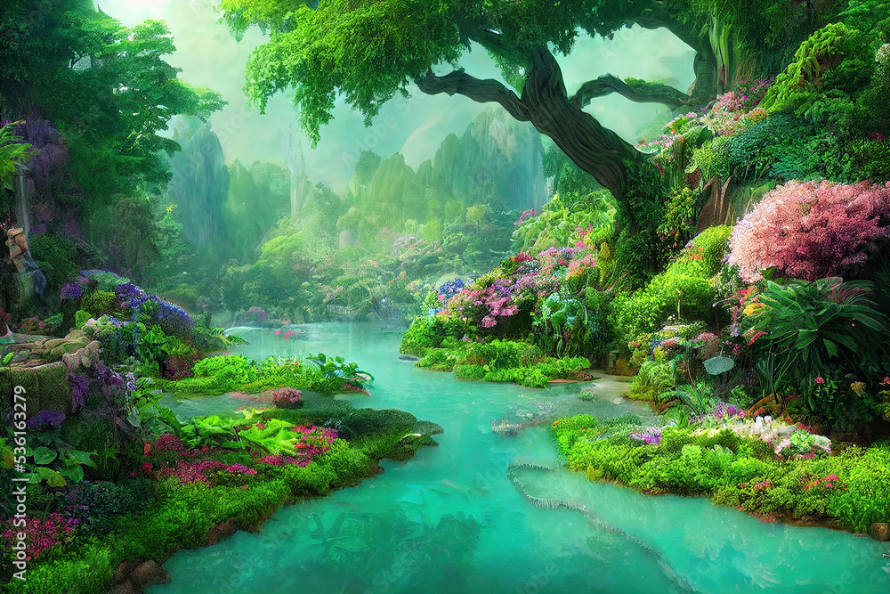 Graden of Eden, colorful flowers, beautiful lush nature background ...