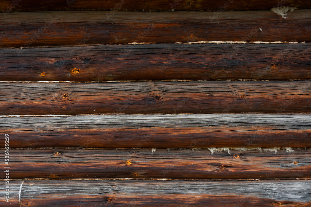 Log wall. Wooden wall, old type assembled from beams or logs. The ...