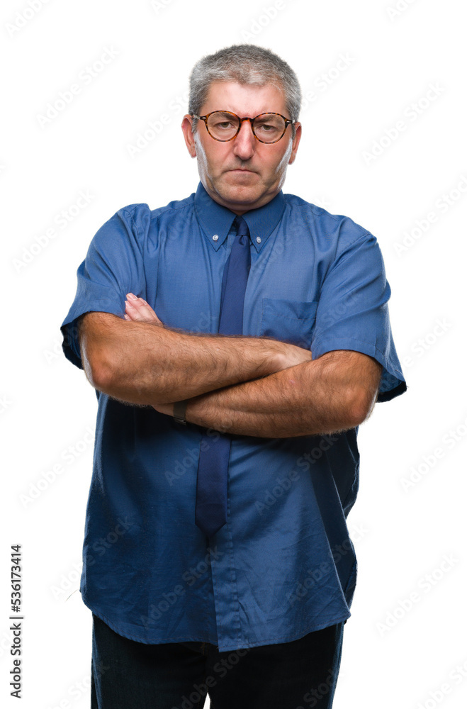 Handsome senior business man over isolated background skeptic and ...