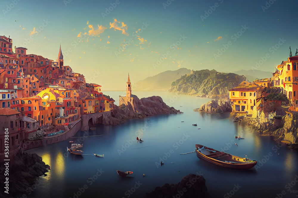Beautiful fantasy italian village next to a lake, mountains, clouds ...