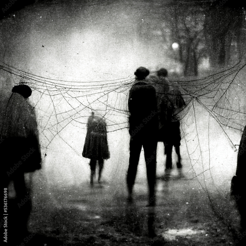 Silhouettes of people trapped in a big spider's web. Creepy painting in ...