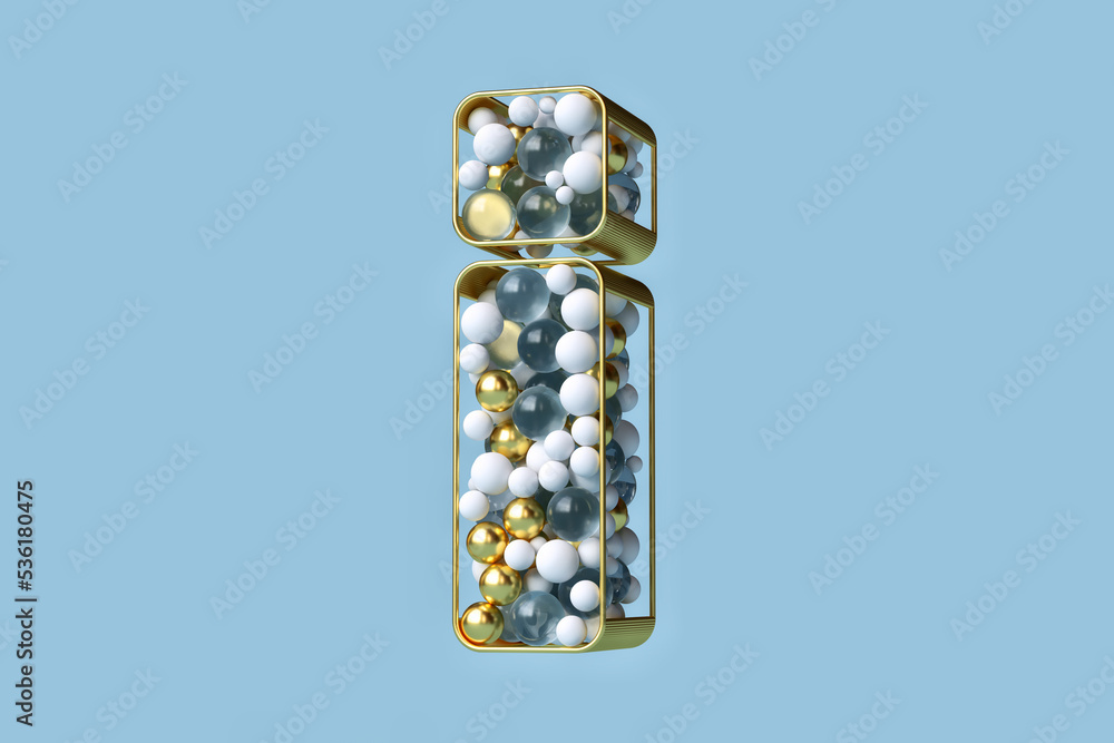 3D golden shaped exclamation mark with floating golden spheres, crystal ...