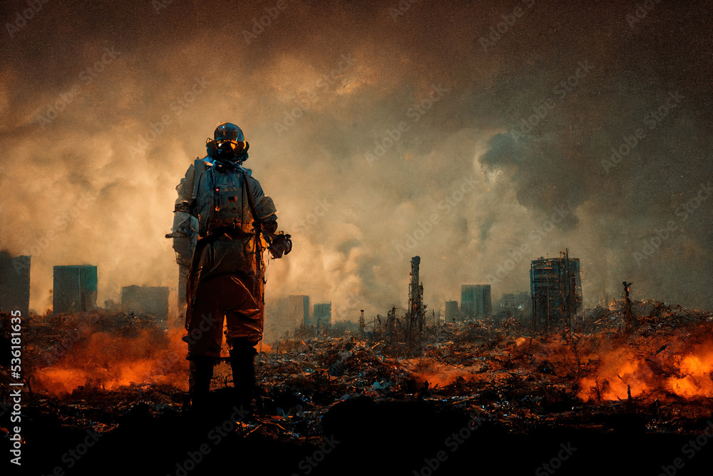 man on the background of the disaster after a nuclear explosion ...