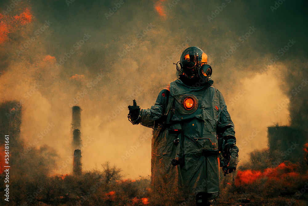 man on the background of the disaster after a nuclear explosion ...