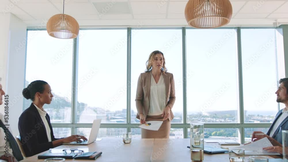 Business woman, ceo leader in meeting and conference room giving a ...