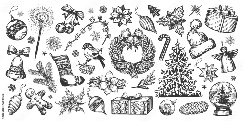 Christmas concept. Design elements hand drawn in sketch vintage style ...
