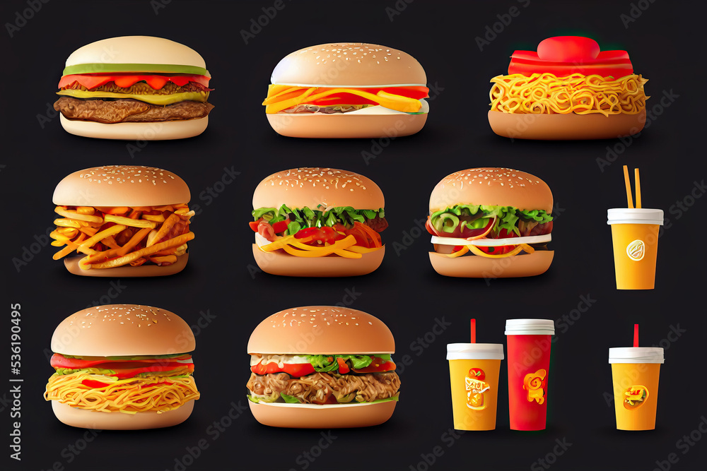 Graphic panel with concept of fast food, hamburger, hot dog, french ...