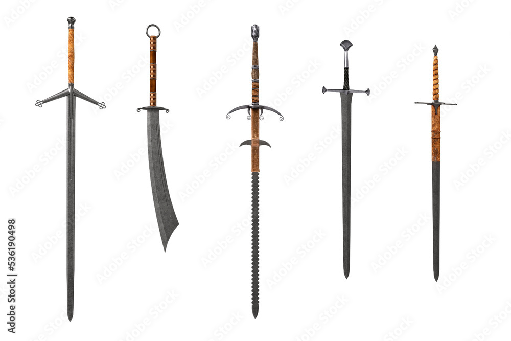 5 fantasy medieval swords. 3D rendering isolated on white. Stock ...