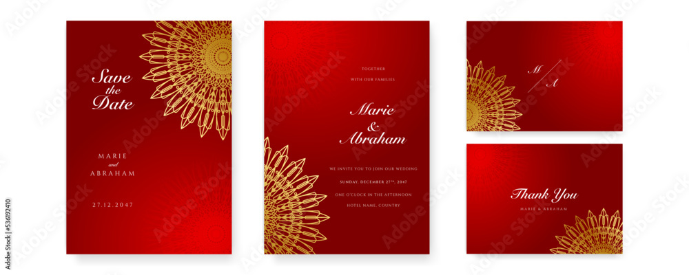 Royal red wedding invitation card design with golden mandala and ...