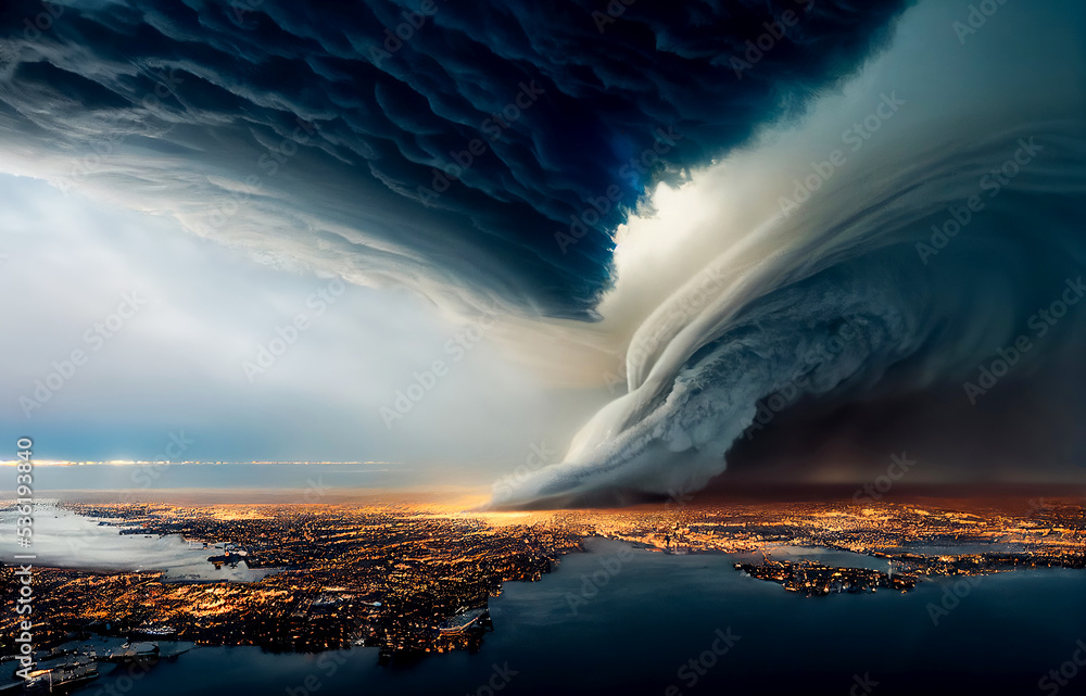Huge tornado over the city, Storm over the Earth. A view of a large ...
