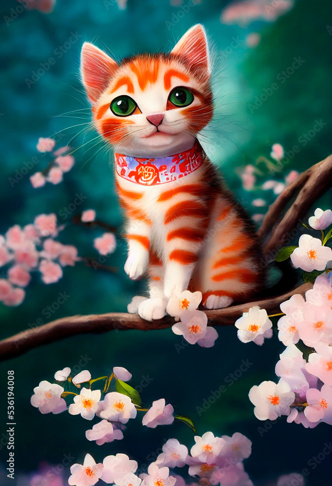 Cute orange cat in a Japanese garden illustration. Beautiful cat in 3D ...