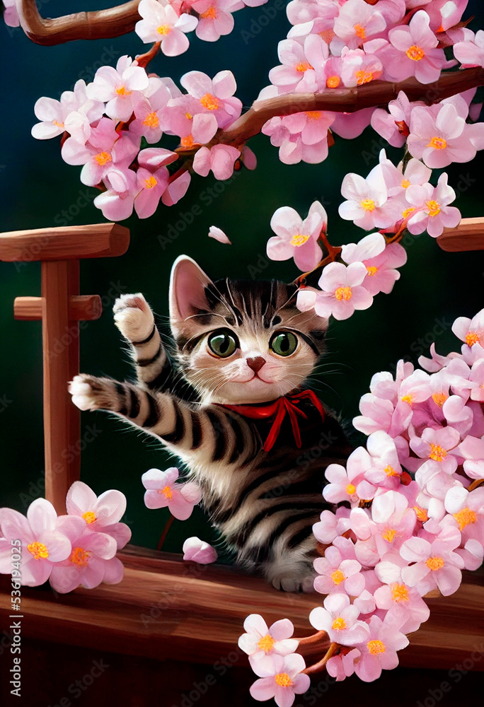 Cute cat in a Japanese garden illustration. Beautiful cat in 3D render ...