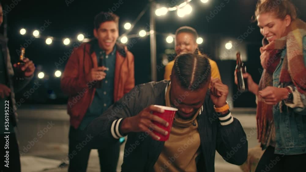 Dance circle, party and diversity friends bond, cheers and enjoy fun ...