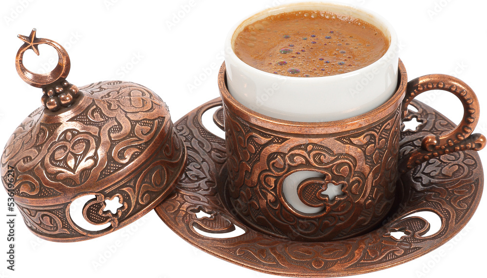 Turkish coffee in traditional copper cup on isolated white background ...