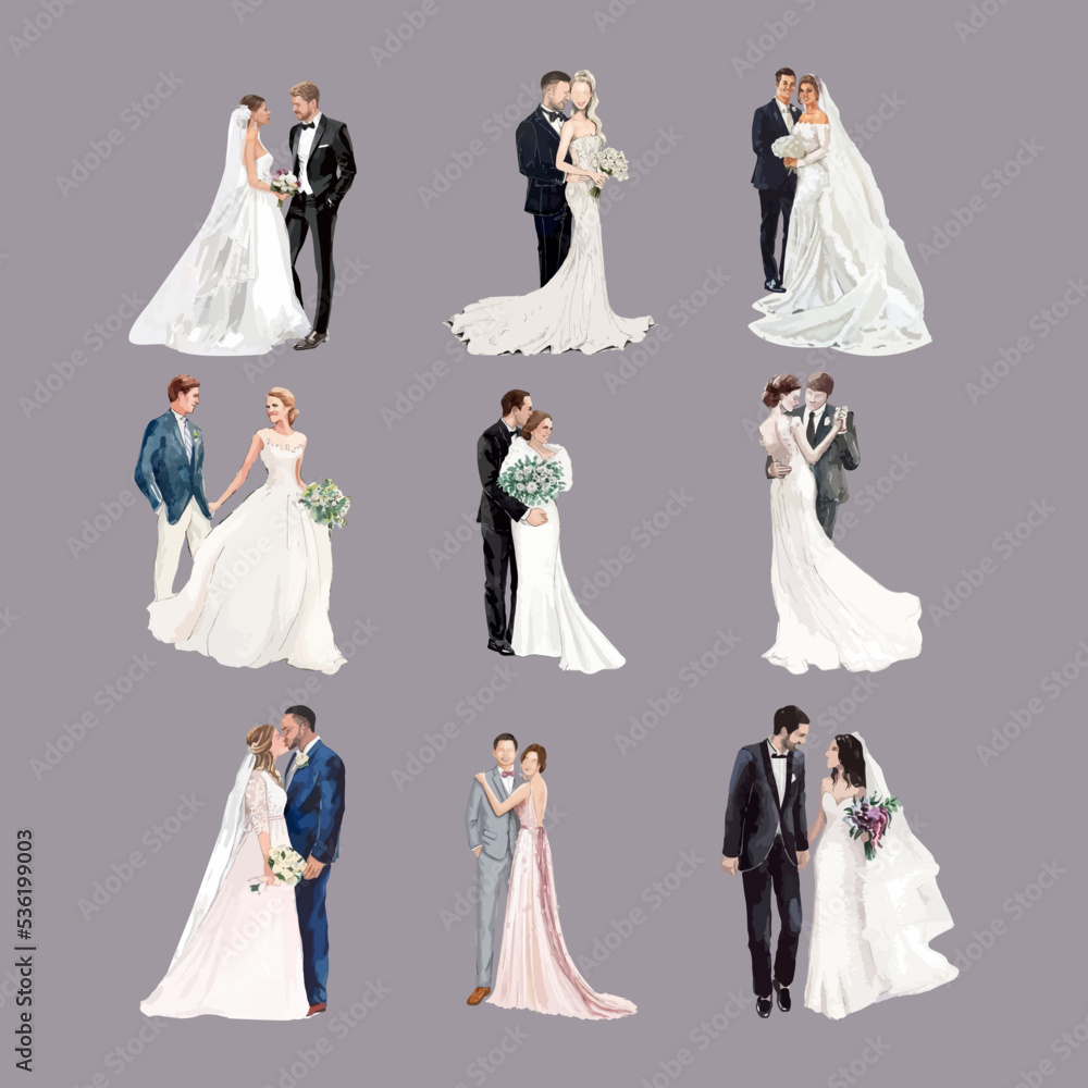 Set of hand drawn Bride and Groom watercolor vector illustration Stock ...