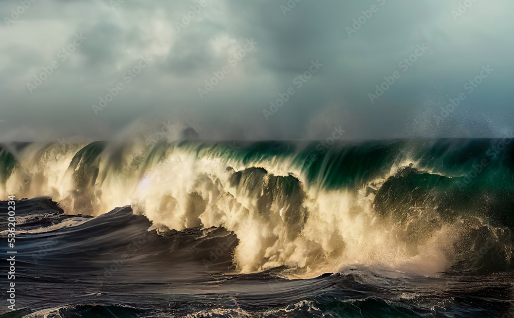 Giant tsunami waves, dark stormy sky. Perfect Storm. Huge waves Tsunami ...