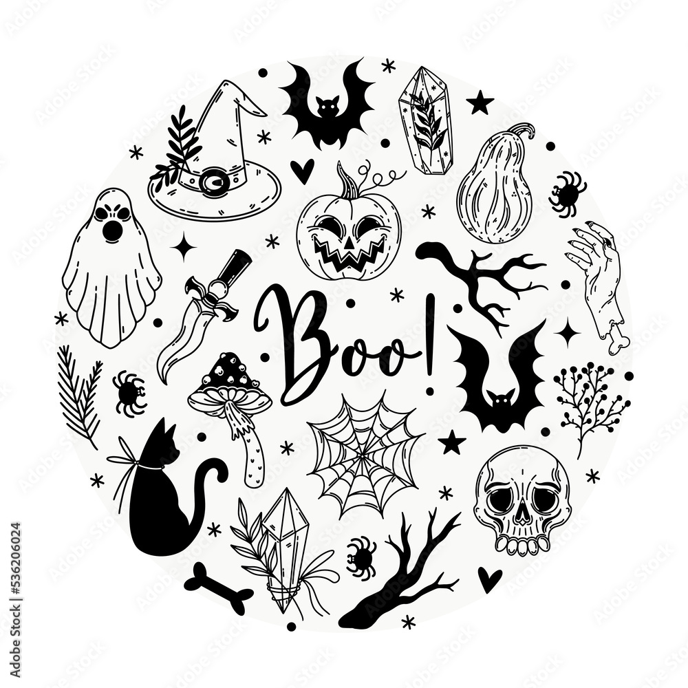 Halloween vector set. Autumn holiday symbols - pumpkin, black cat, bat ...