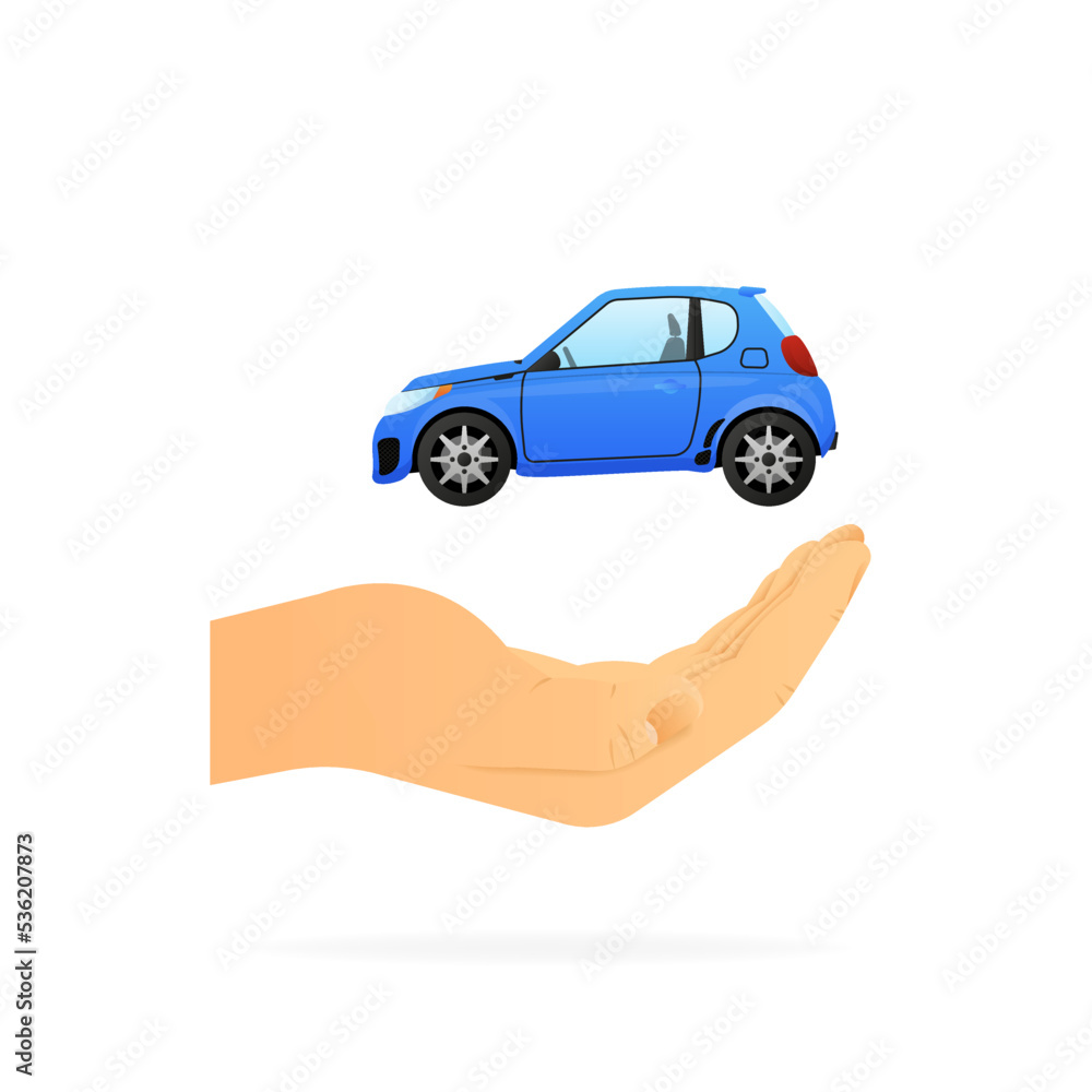 Hand holding Realistic blue mini Car. Side view. Vector illustration ...
