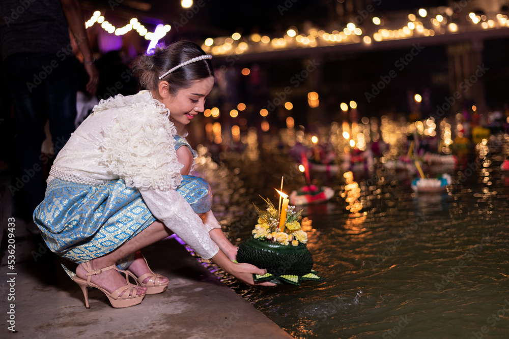 Thai woman wearing thai traditional dresses modern hold kratong,Loy Krathong Traditional ...