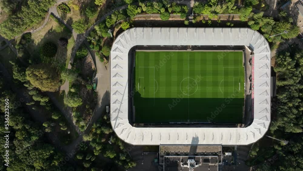 Soccer football stadium top down overhead Aerial in forrest park. Green ...