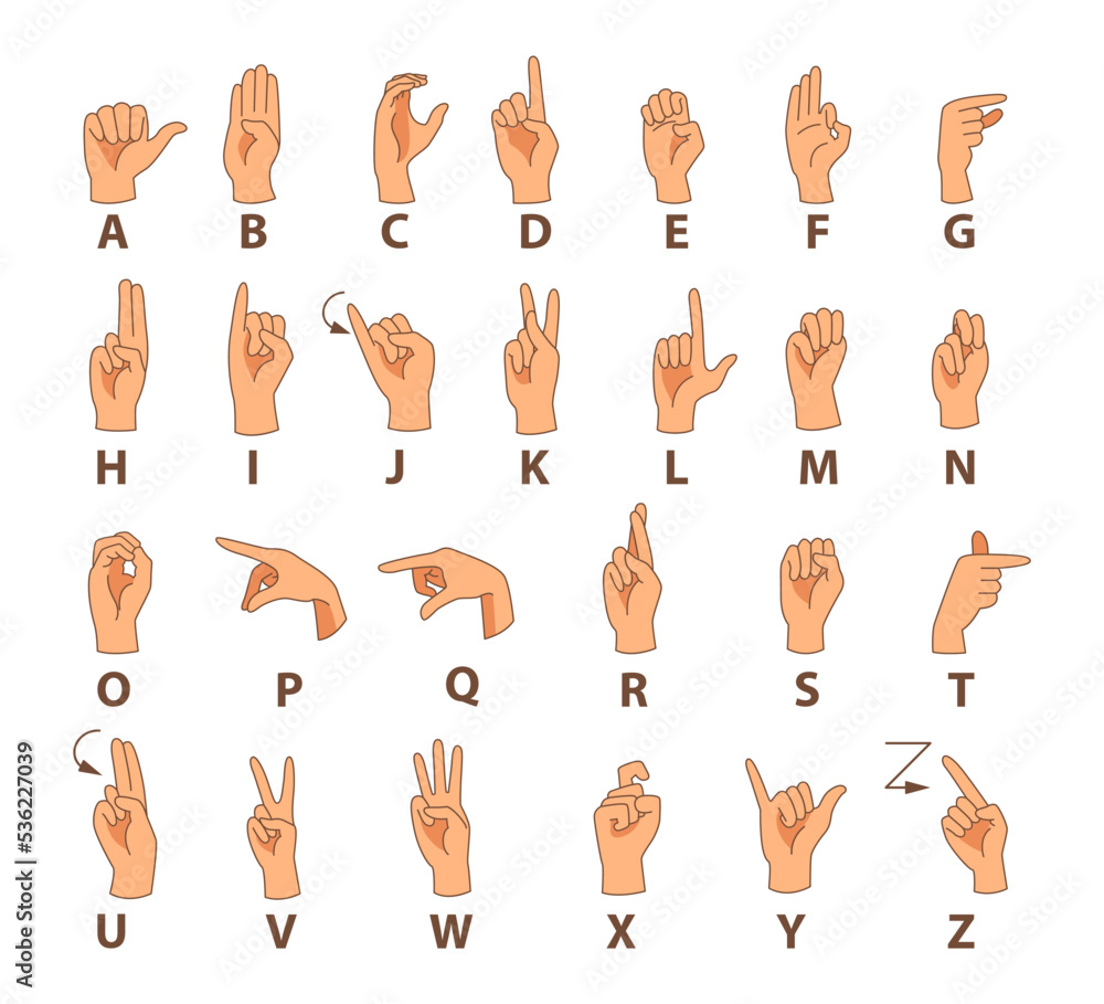 Hands showing sign language alphabet vector illustrations set. Fingers ...