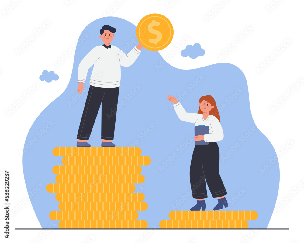 Salary gap between female and male employees. Tiny man and woman ...