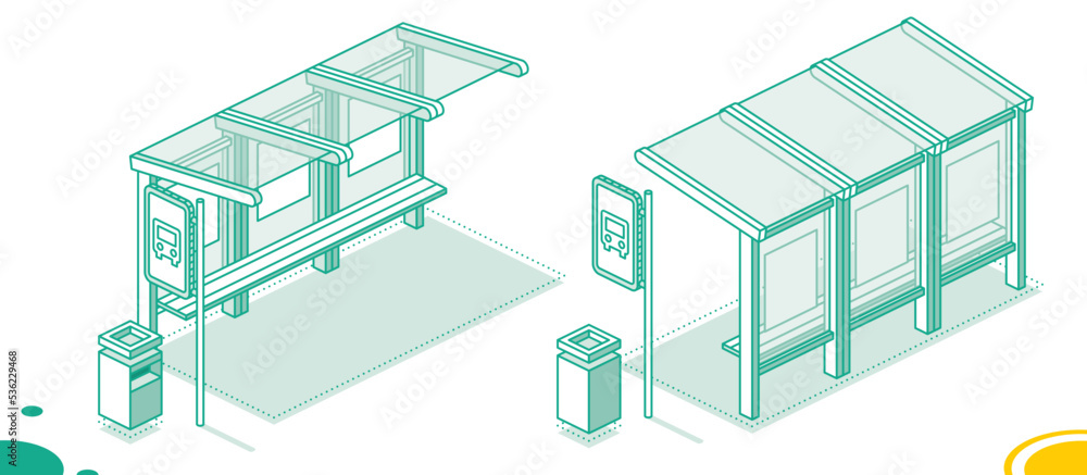 Isometric Bus Stop. Outline Concept Isolated on White. Front and Back ...