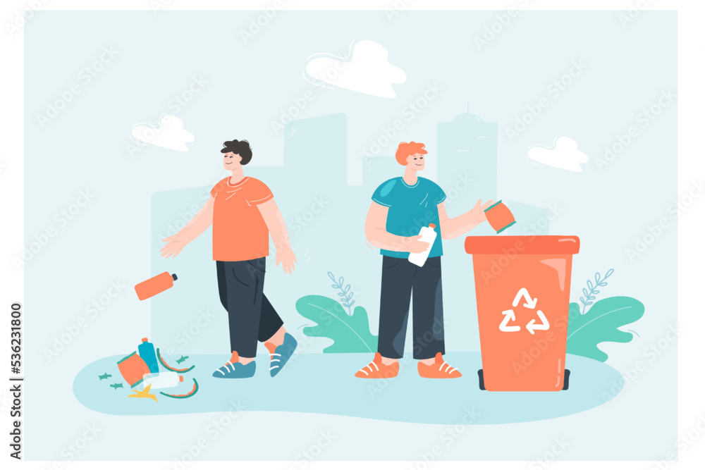 Two cartoon men throwing trash on ground or in recycle can. Person ...