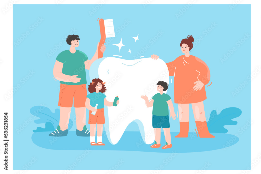 Happy cartoon family standing next to big molar tooth. People brushing ...