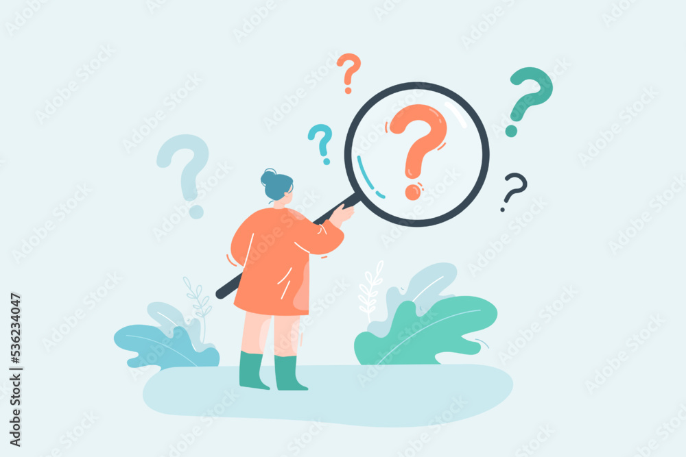 Curious woman looking through magnifier at question marks. Female ...