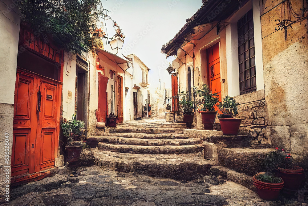 Beautiful old medieval downtown cobblestone alley streets, stone steps ...