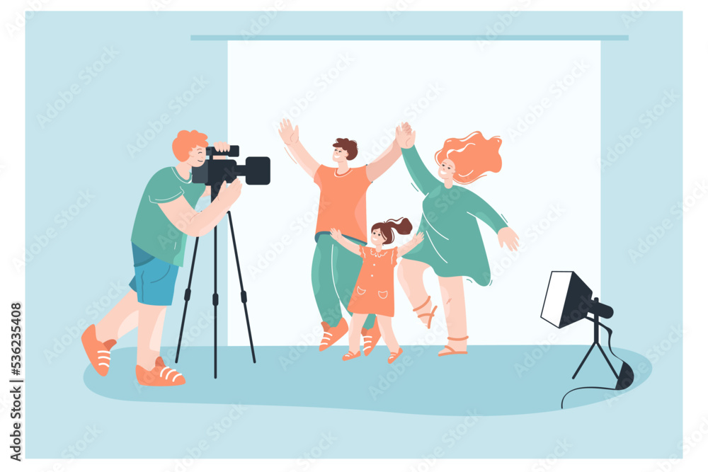 Happy family in front of photographer with camera. Flat vector ...