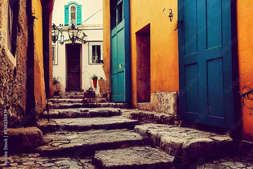 Beautiful old medieval downtown cobblestone alley streets, stone steps ...