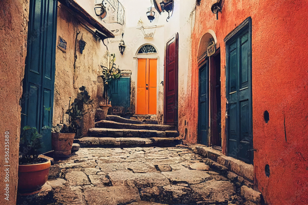Beautiful old medieval downtown cobblestone alley streets, stone steps ...