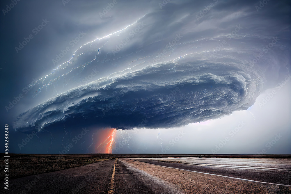 Supercell thunderstorm, big dark clouds, beautiful landscape background ...