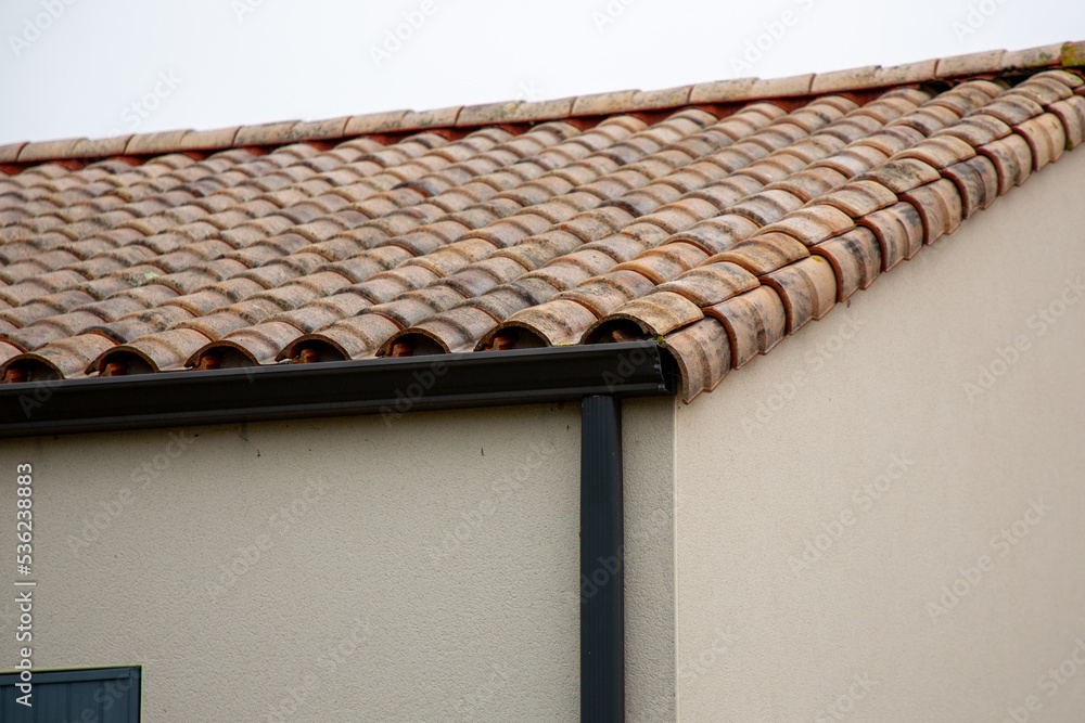 Corner single private new modern house with gutter roof pipe and wall ...