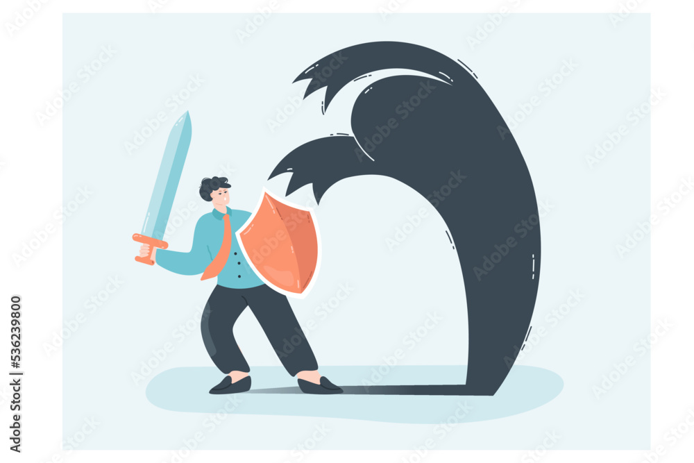 Scary shadow threatening brave businessman. Man with sword and shield ...