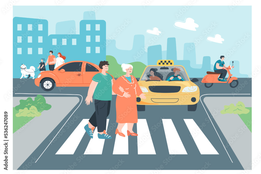 Cartoon man helping old lady across street. Cars on road, people ...